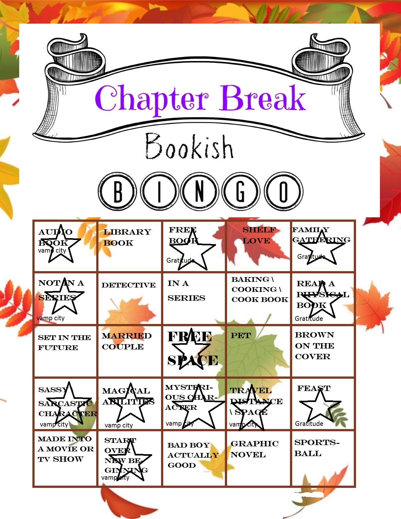 Chapter Break Bingo - November 2018 Completed Cards - Chapter Break