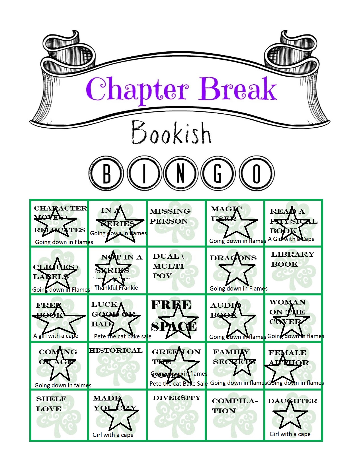 Chapter Break Bingo - March 2019 Completed Cards - Chapter Break