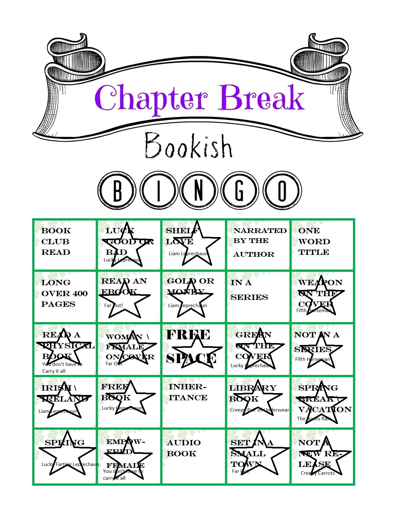 Chapter Break Bingo - March 2023 Completed Cards - Chapter Break