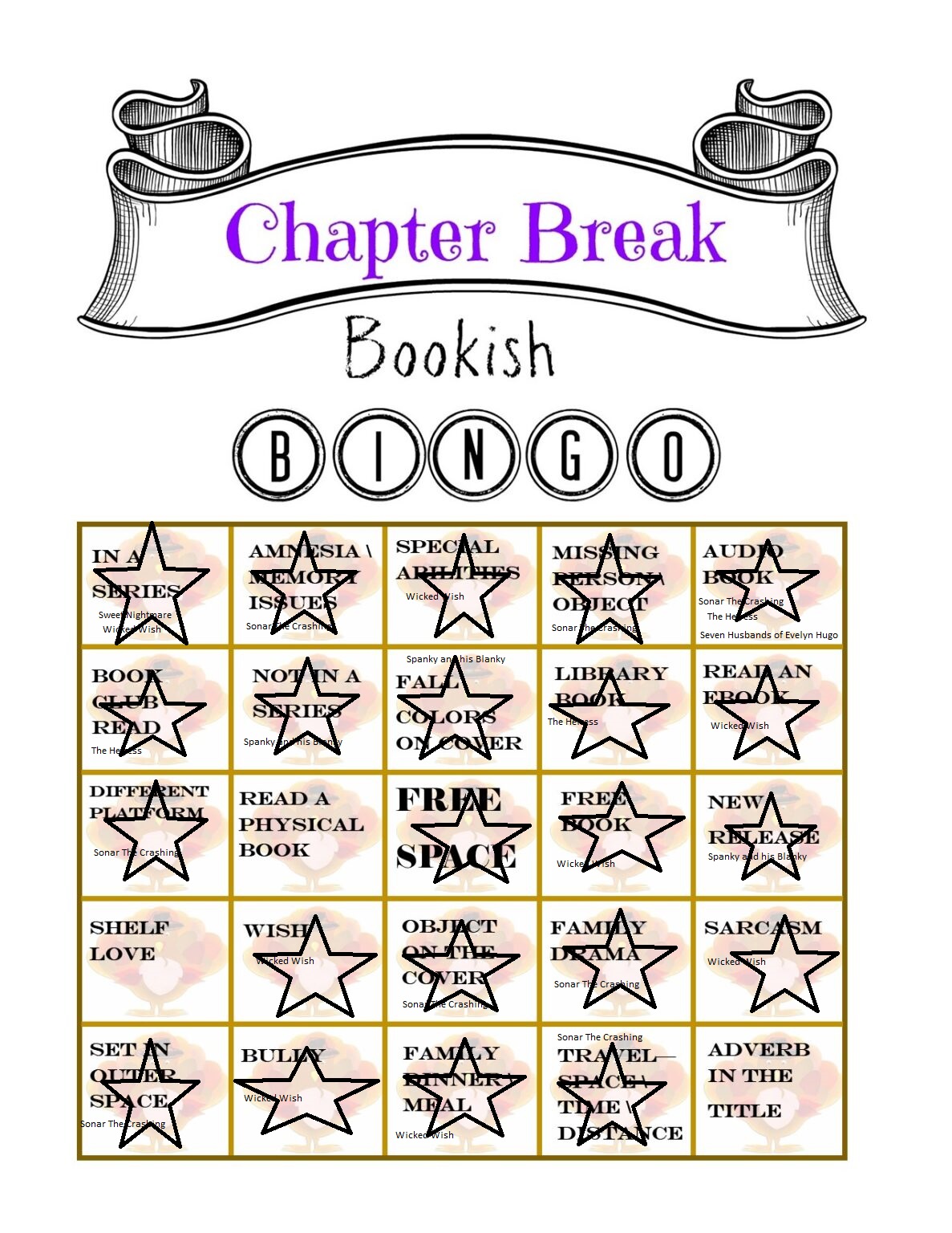 Chapter Break Bingo - November 2024 Completed Cards - Chapter Break